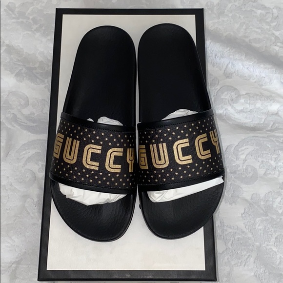Gucci | Shoes | Gucci Mens Black And Gold Slides | Poshmark